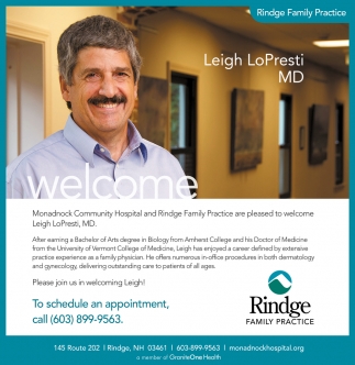 Welcome Leigh LoPresti MD, Rindge Family Practice, Rindge, NH
